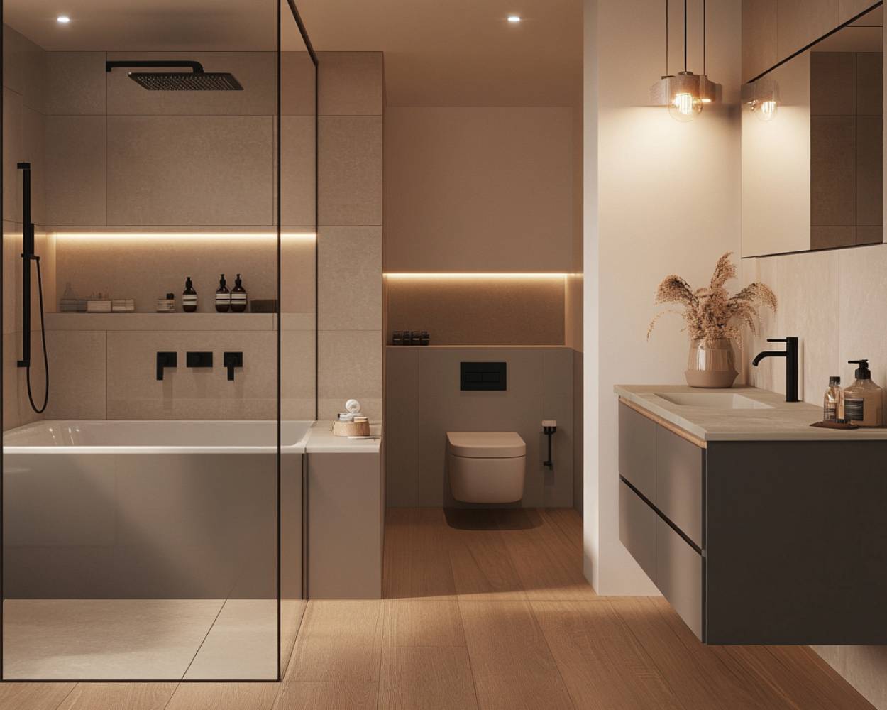 Beige Bathroom Design with Modern Matte Black Fixtures, DrawerVanity ...