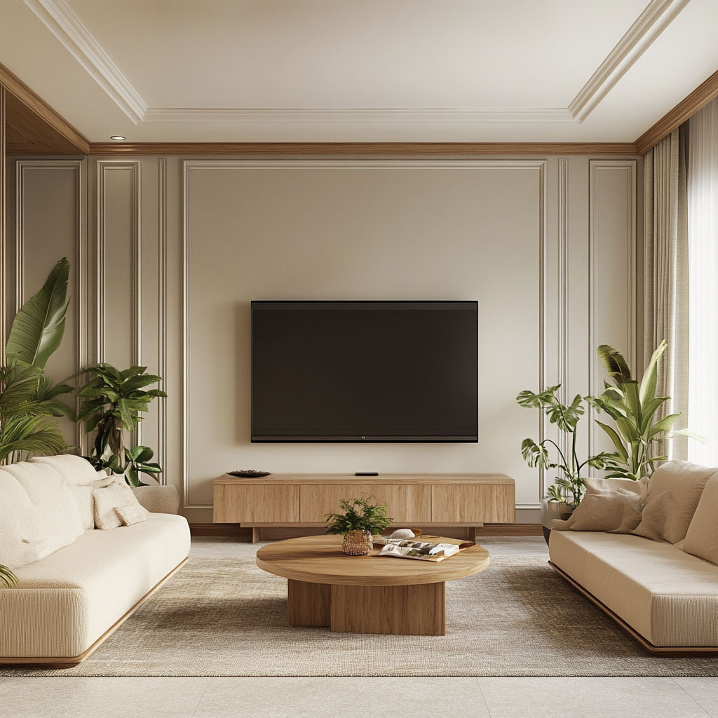 Living Room Design with Modern Cream L-Shaped Sofa and Wooden Legs ...