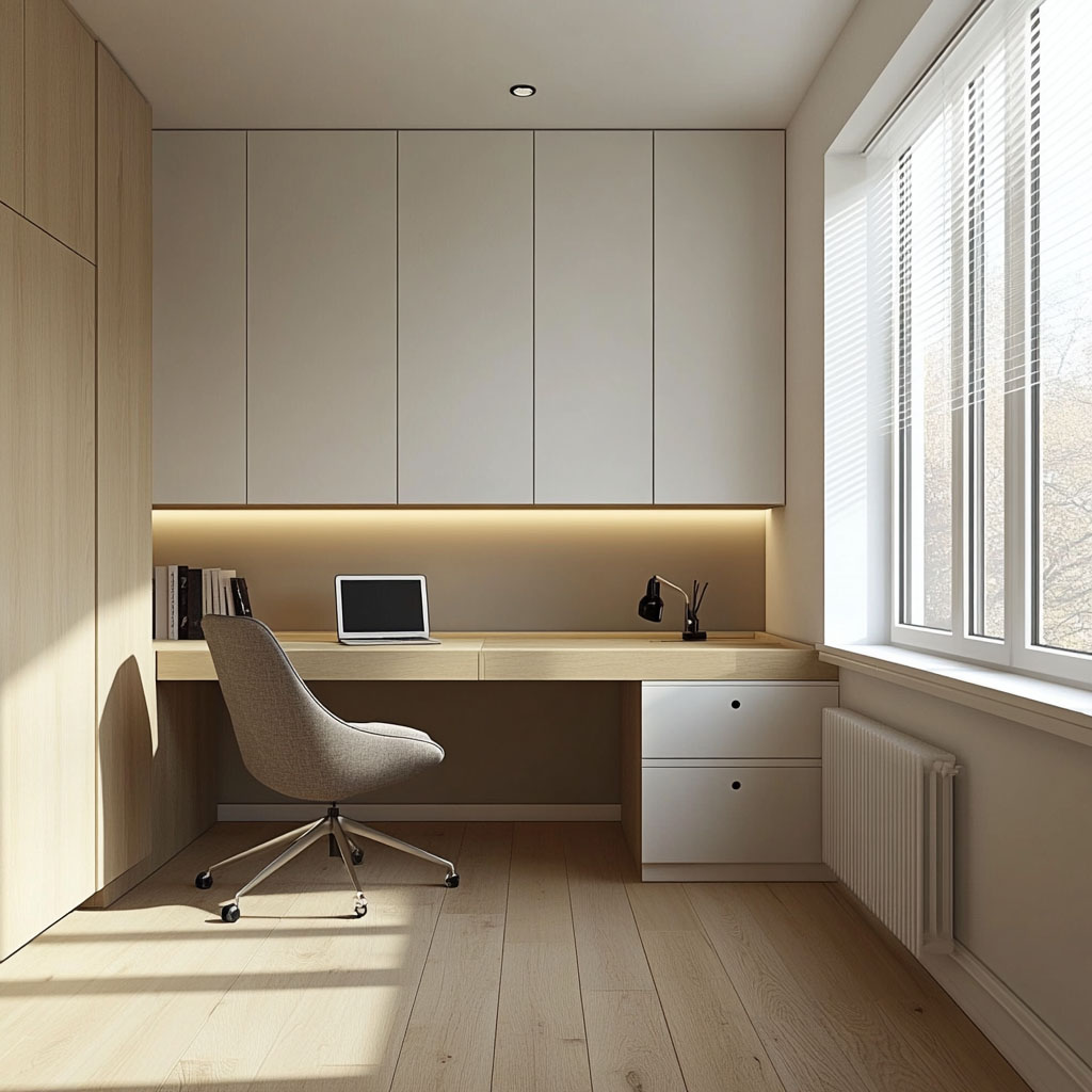 Minimal Home Office Design with Ergonomic Chair and Built-in Cabinets ...