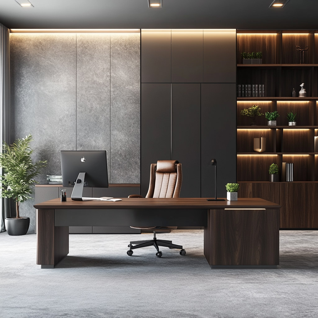 Contemporary Brown Home Office Design with Rounded Desk, Ergonomic ...