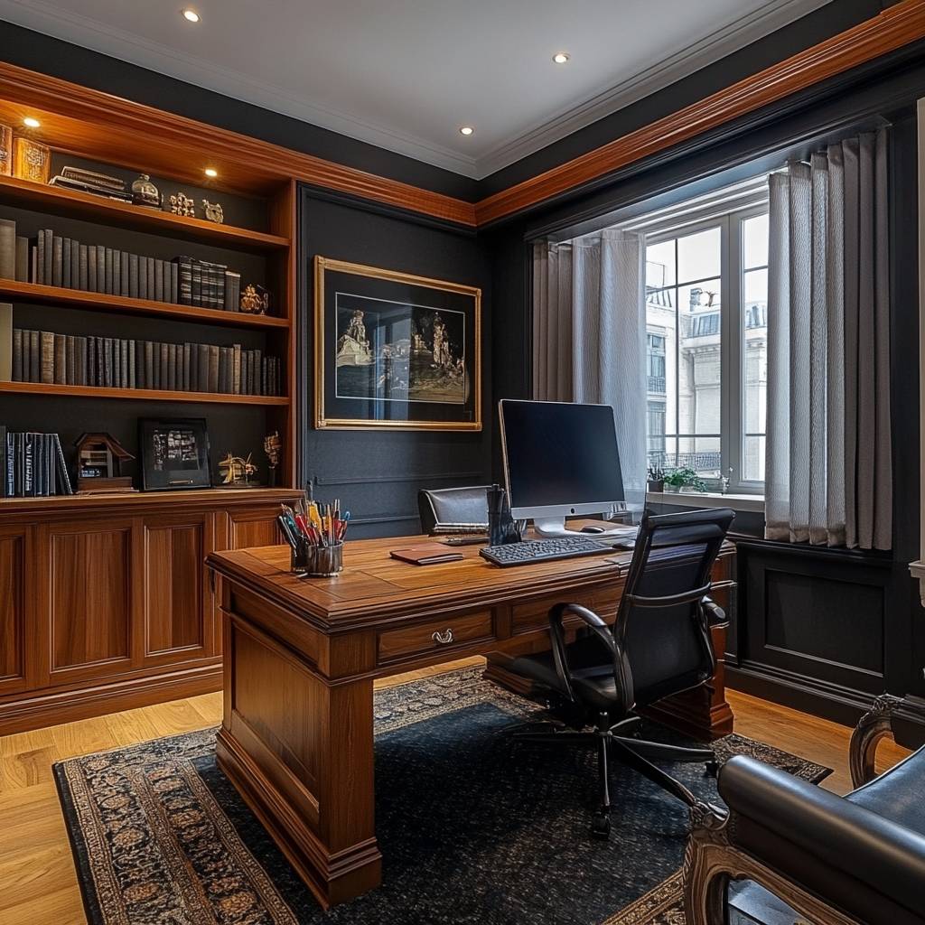 Brown Home Office Design with Rustic Glossy Veneer and Smart Storage ...