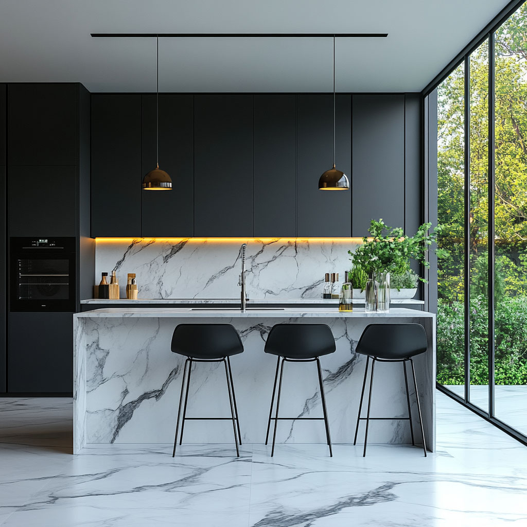 Black Modern Island Kitchen Design with Minimalist Cabinets and Quartz ...