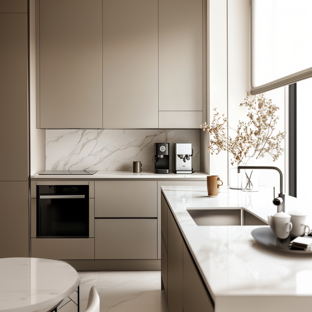 Stylish Open Kitchen Design in Beige with Suede Laminate and Quartz ...