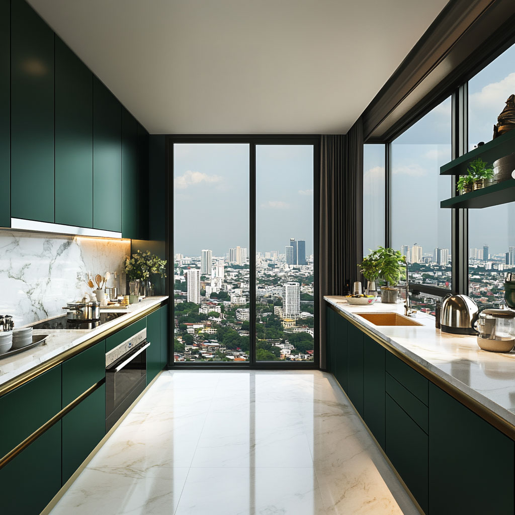 Parallel Kitchen Design with Contemporary Green Cabinets, Quartz ...