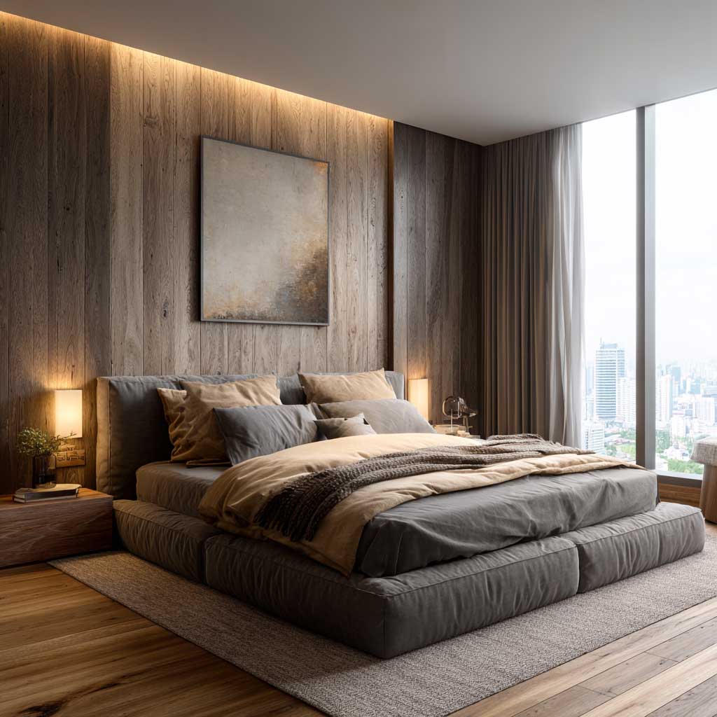 Modern Master Bedroom Design with Concrete Wall and Built-In Wardrobe ...