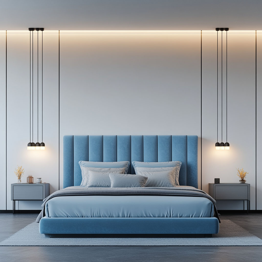 Master Bedroom Design with Modern Channel Tufted Headboard Blue Velvet ...