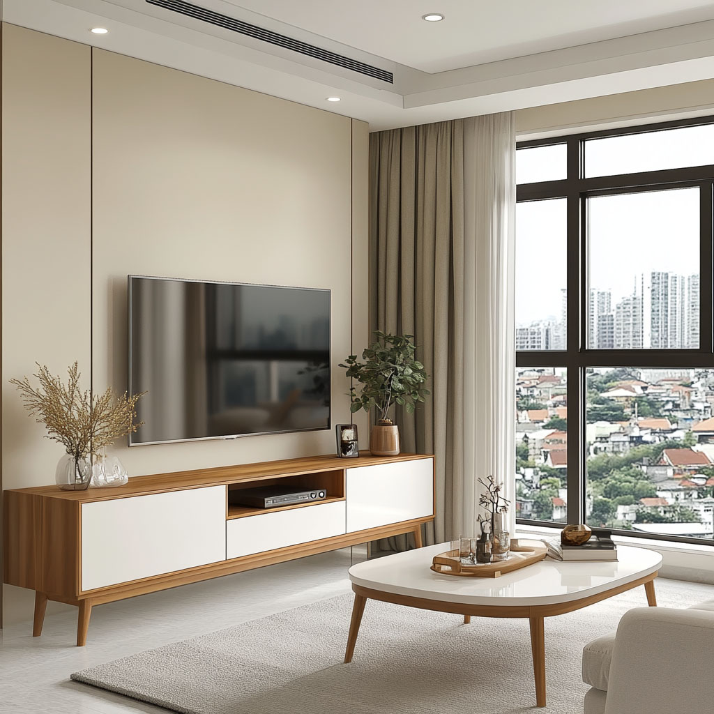 Contemporary White and Brown TV Unit Design with Concealed Cabinets and ...