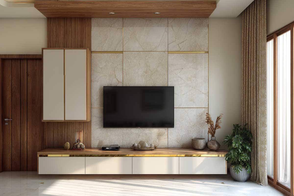 Marble and White Floating Modern TV Unit Design with Concealed Lighting ...