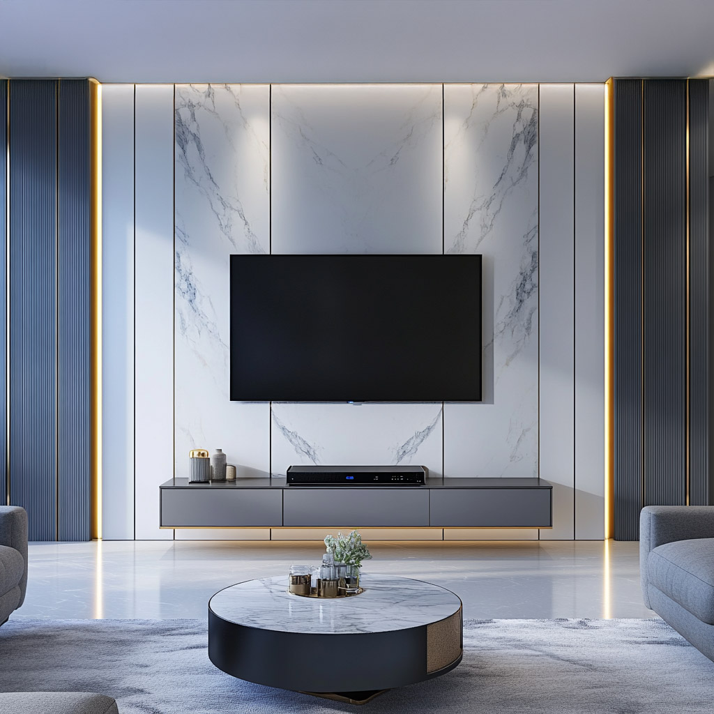 Grey Contemporary TV Unit Design with Illuminated Marble Wall and ...