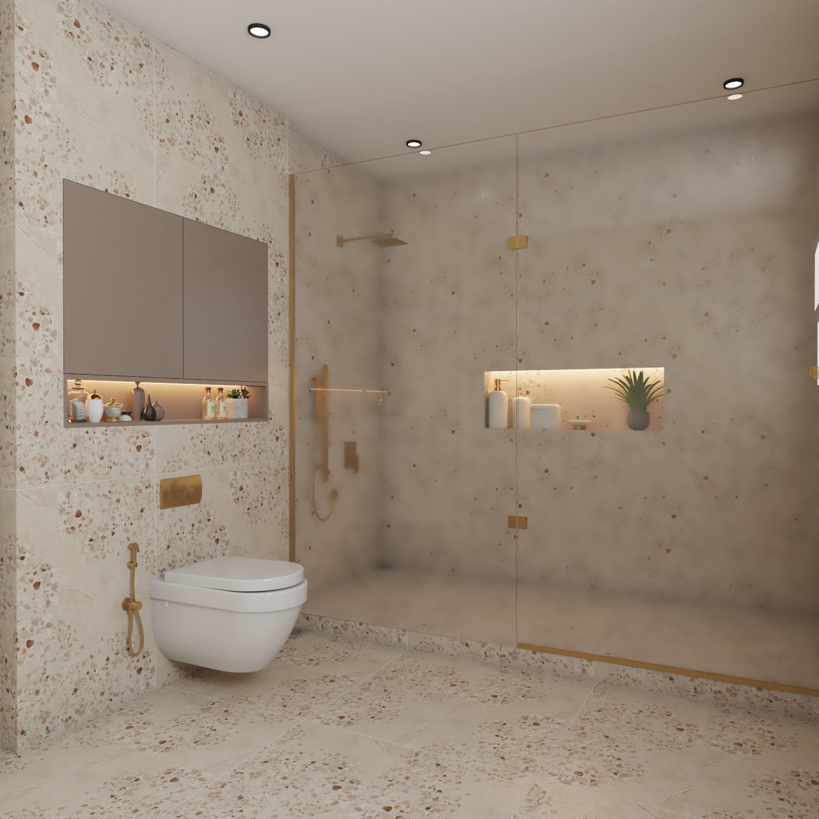 Spacious Modern Beige Bathroom Design: Easy Care & Storage | Livspace