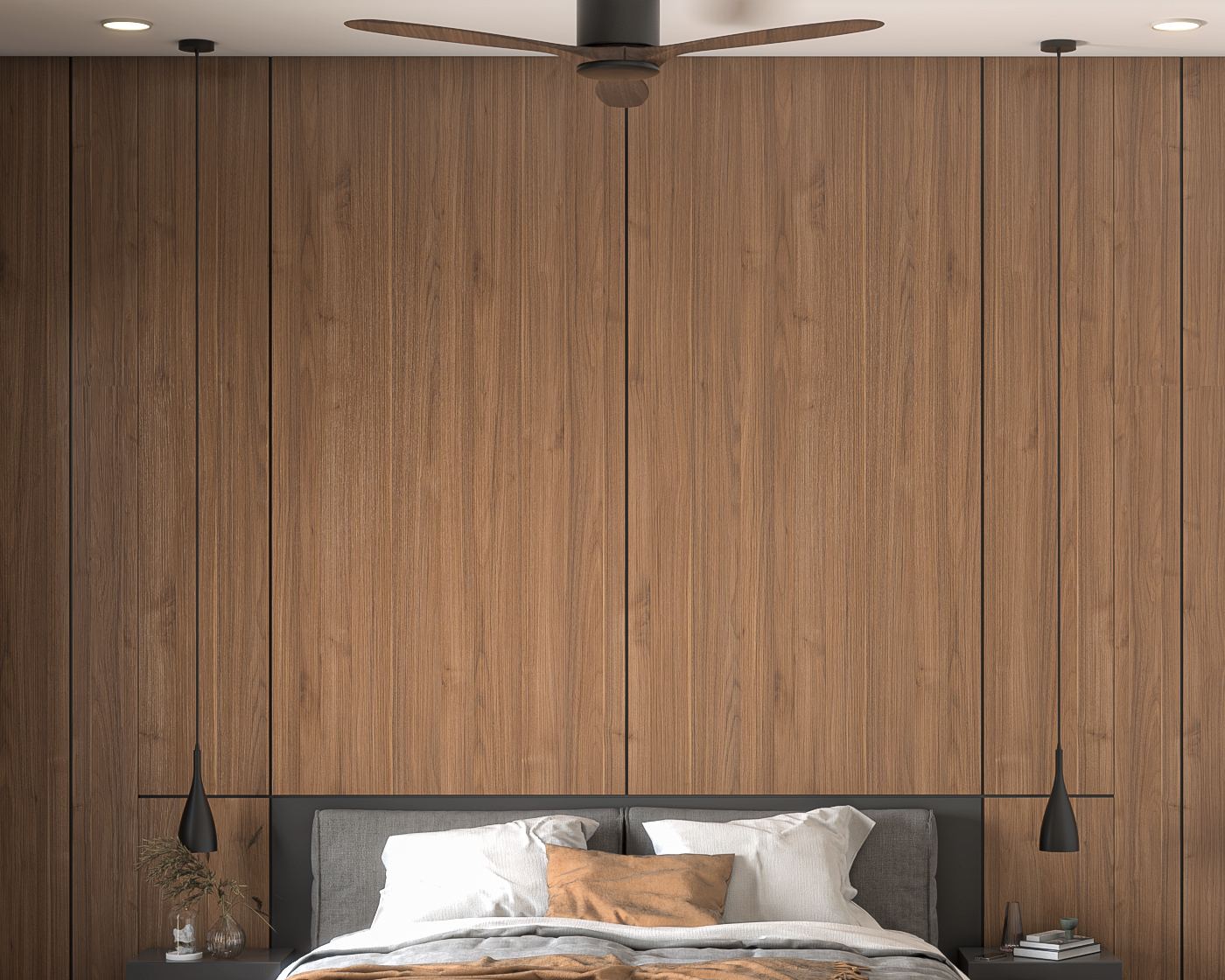 Bed Back Wall Design With Wooden Panelling | Livspace