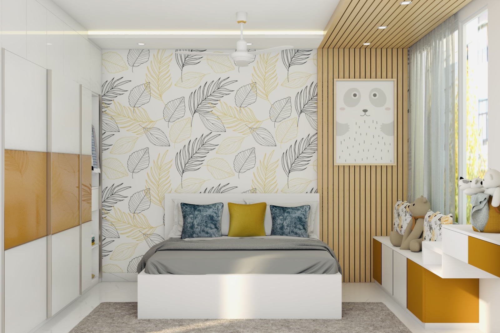 Single-Layered False Ceiling Design With Wooden Panelling | Livspace