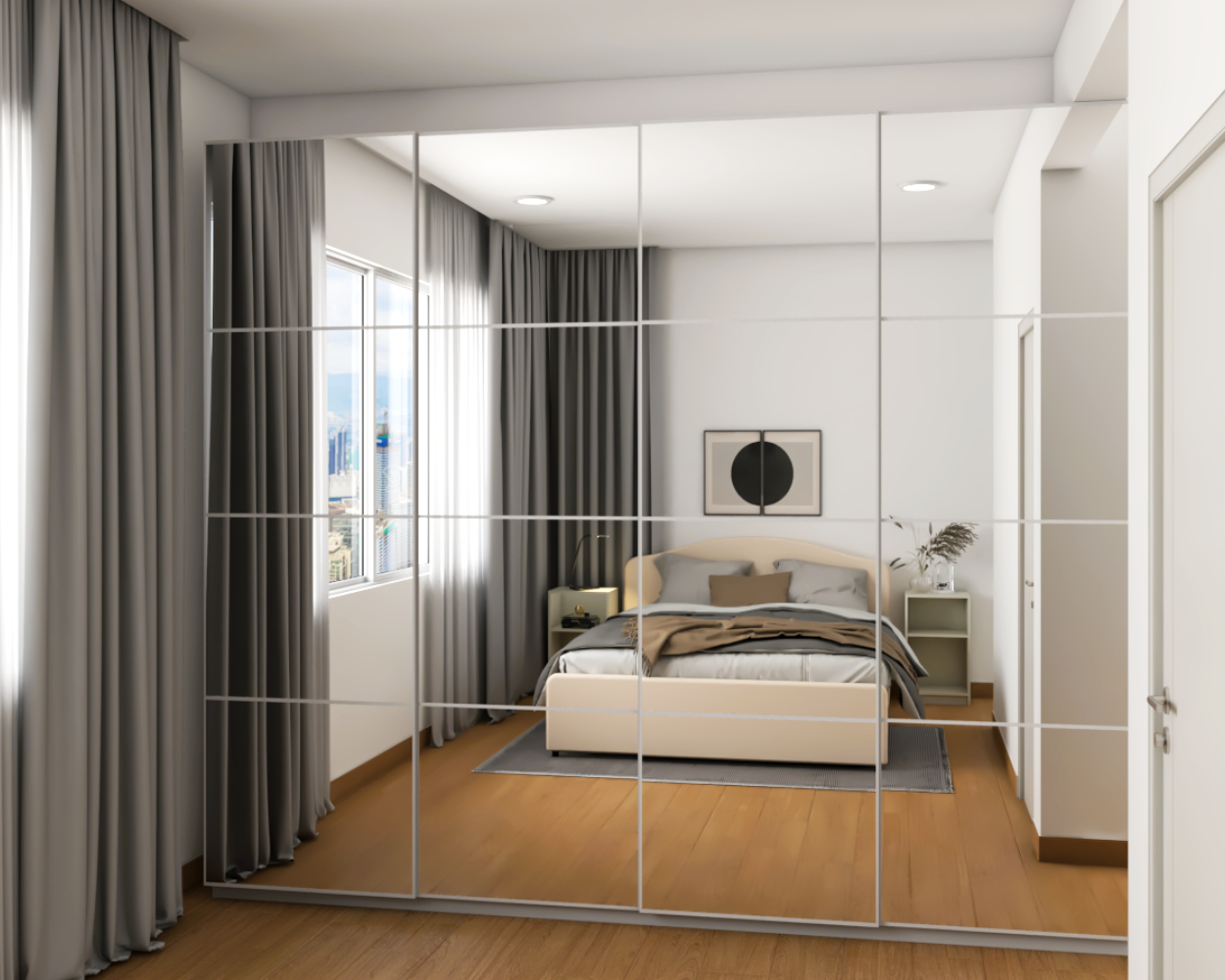 White Wardrobe Design With Mirror Shutters | Livspace
