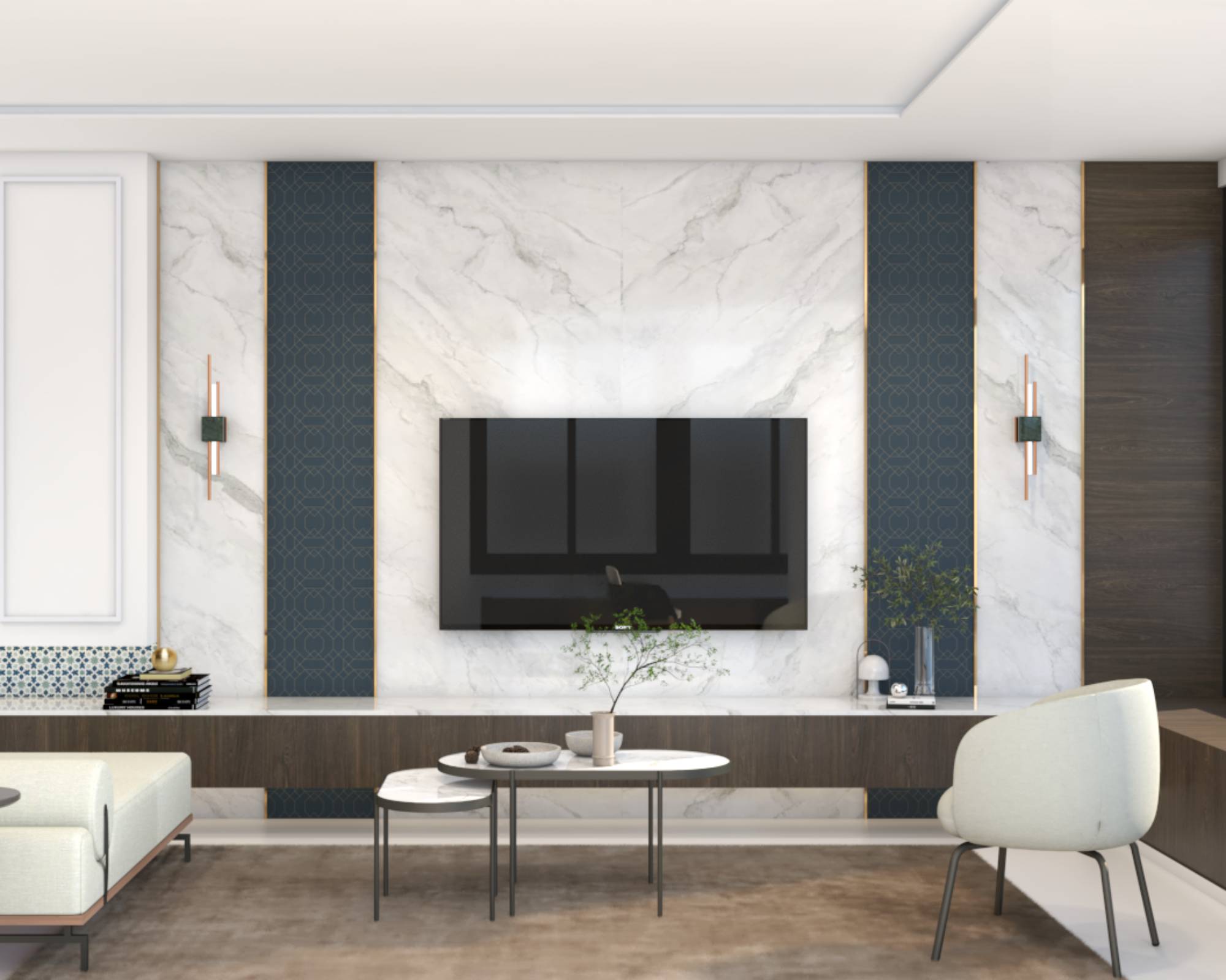 TV Unit With White Marble Back Panel And A Blue Wallpaper | Livspace