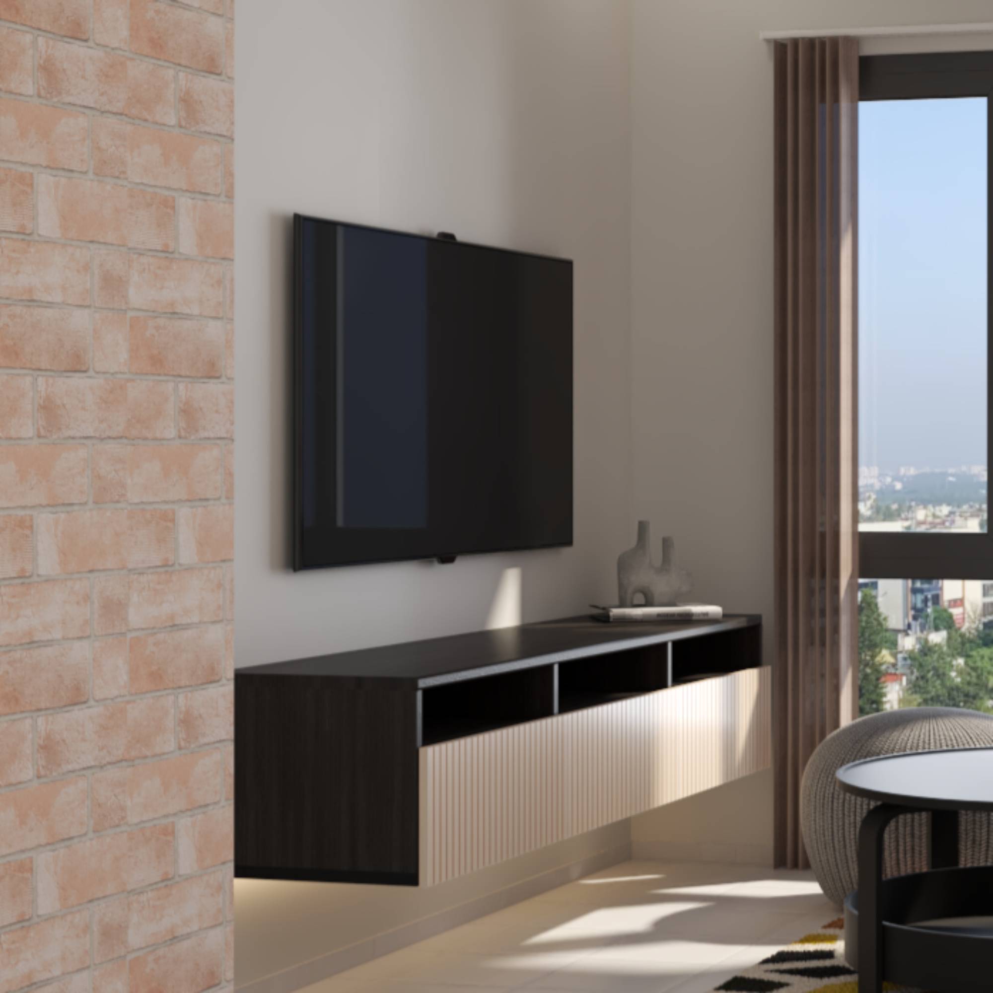 Wall-Mounted TV Unit With A Brick-Textured Back Wall | Livspace