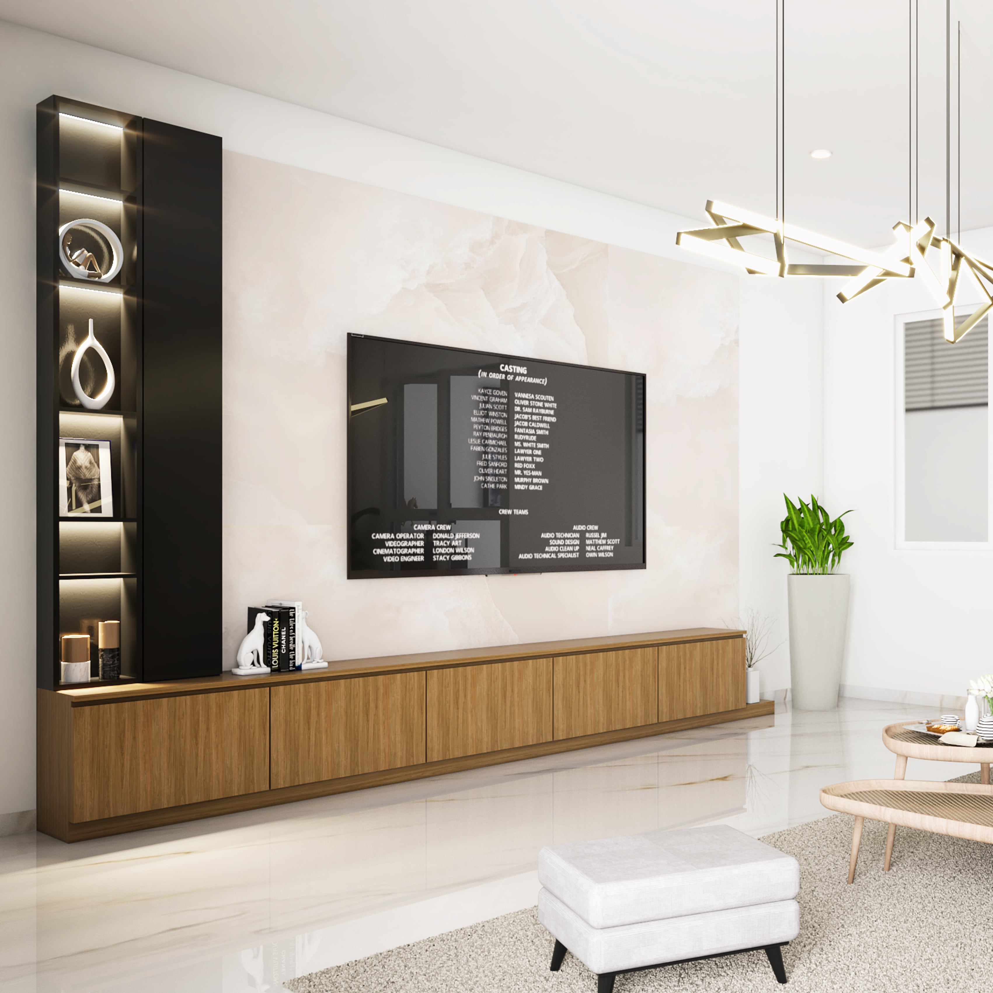 L-Shaped TV Unit Design With Strip Lighting | Livspace