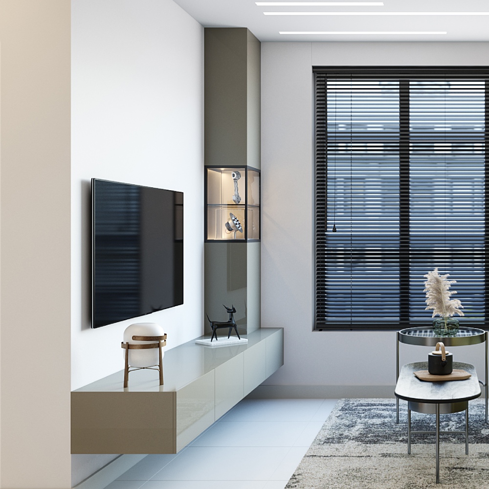 Light Grey TV Cabinet With A Glossy Finish | Livspace
