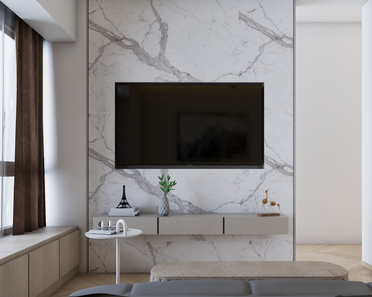 Light-Coloured TV Unit With A White Marble Back Panel | Livspace