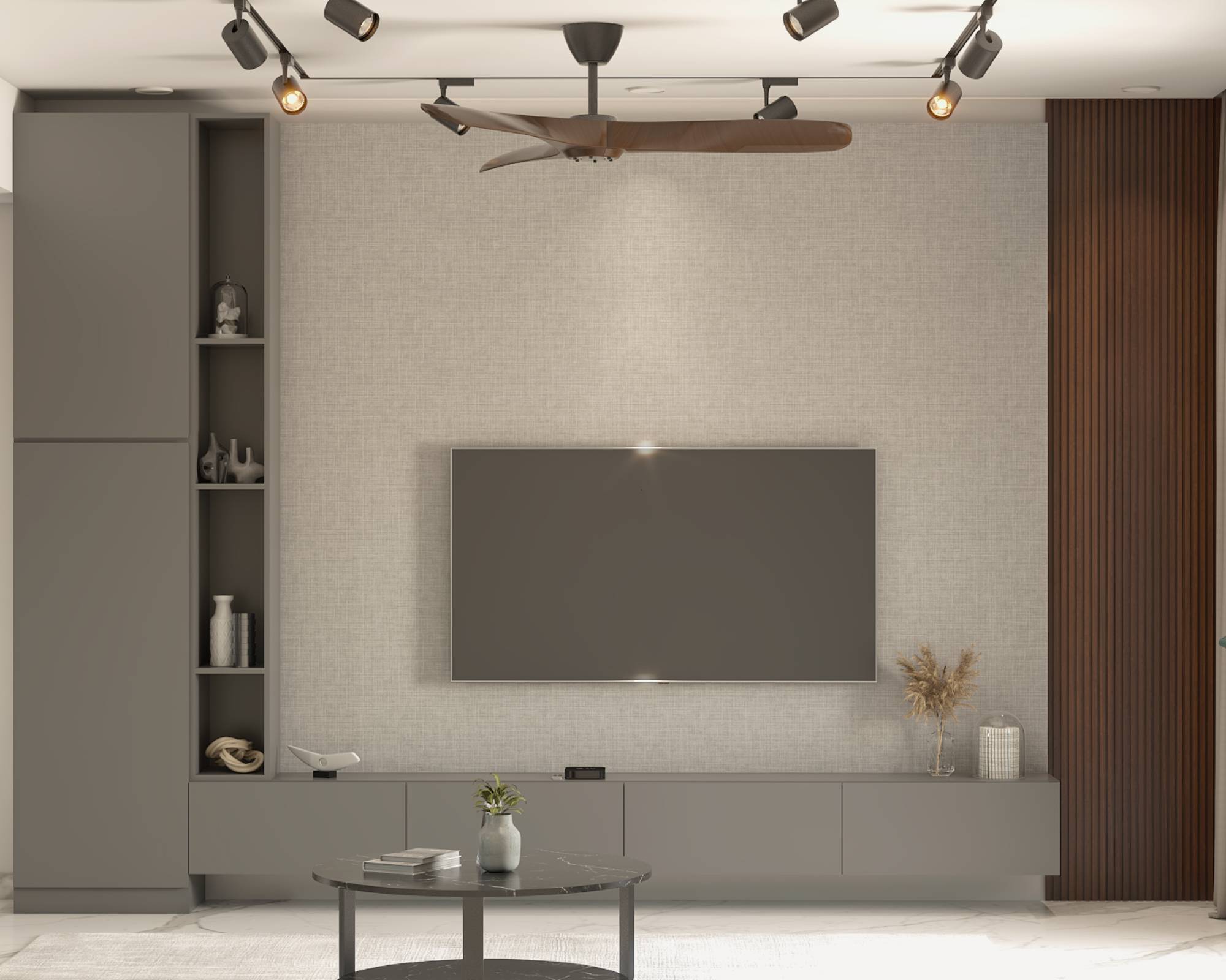 Grey L-Shaped TV Unit Design | Livspace