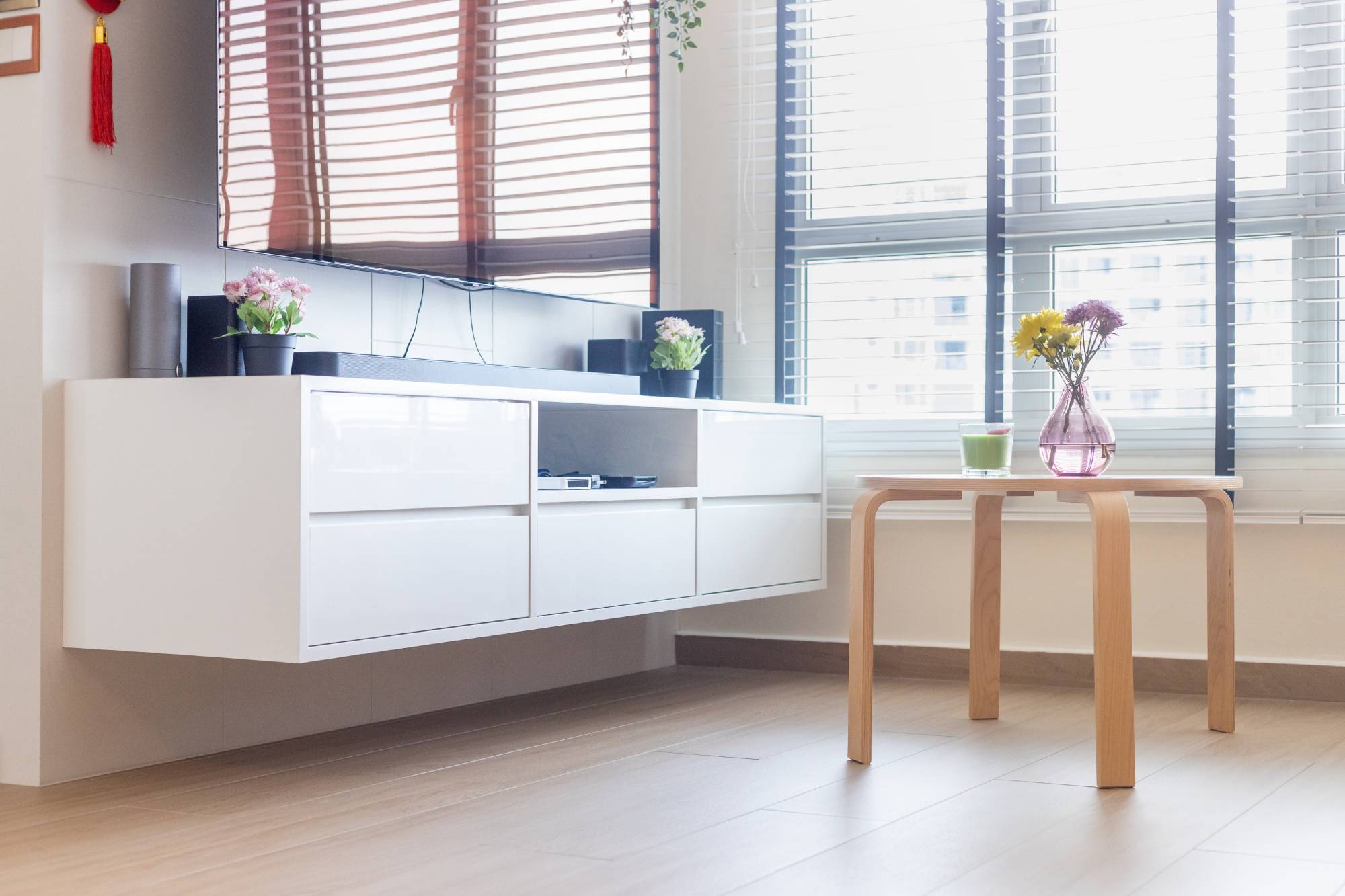 Wall-Mounted TV Cabinet Design With An Overhead Ledge | Livspace