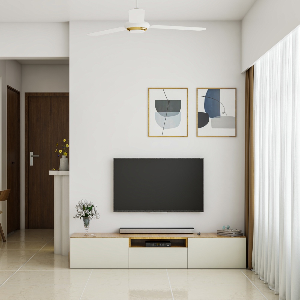 White TV Unit With A Matching Back Wall And Abstract Wall Art | Livspace