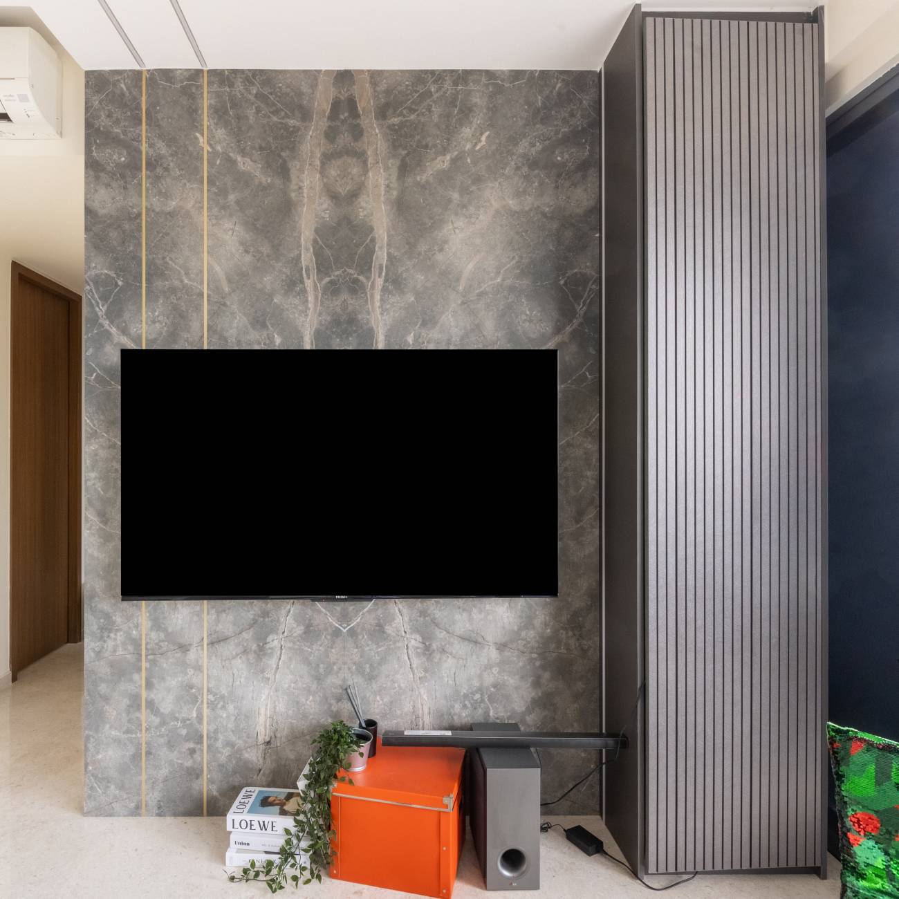 Grey TV Cabinet Design With A Tall Storage Unit | Livspace