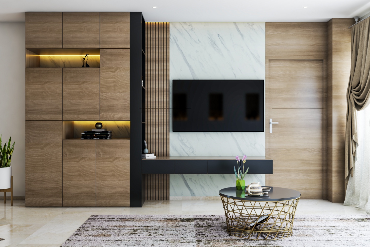 TV Unit With A Sleek Black Closed Drawer For Storage | Livspace