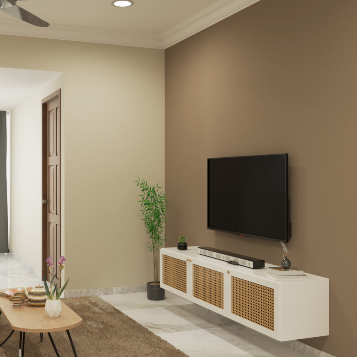 Beige And Brown Wall Paint Design For TV Unit | Livspace