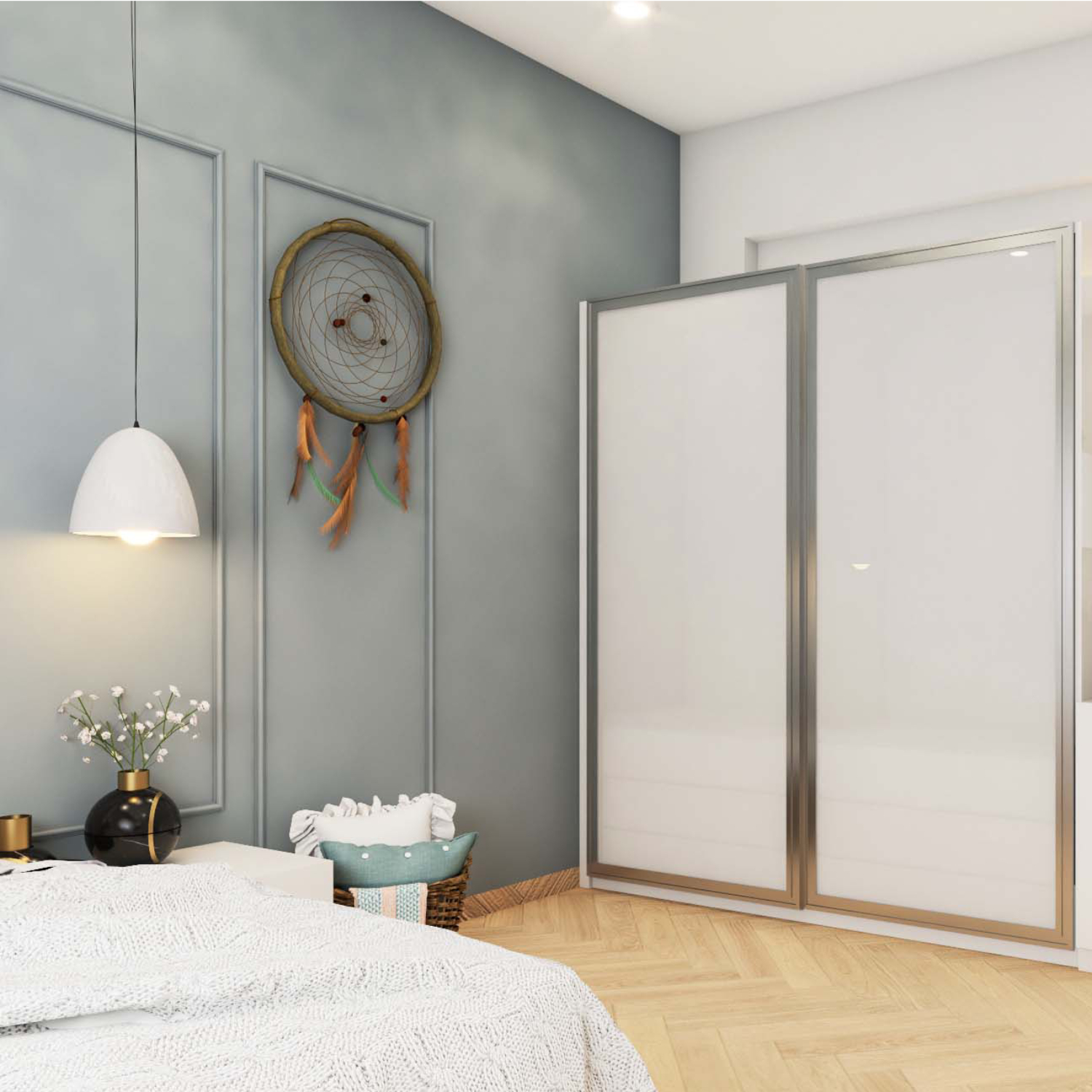 Light Grey Wall Paint Design With Wall Trims | Livspace