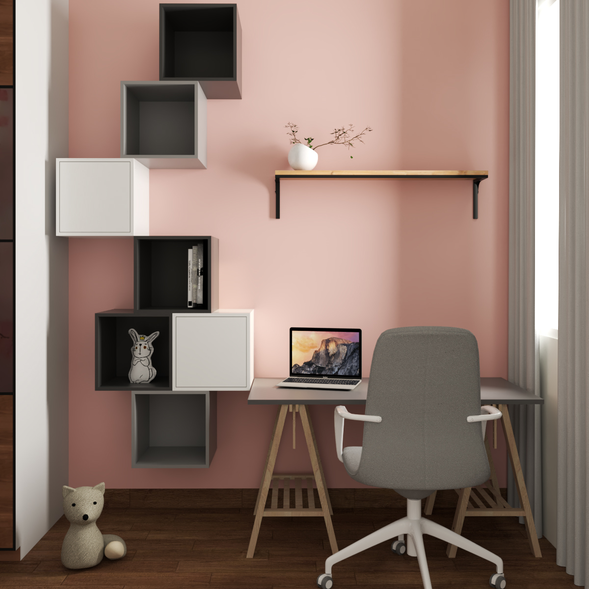 Grey And Pink Compact Study Room Design | Livspace