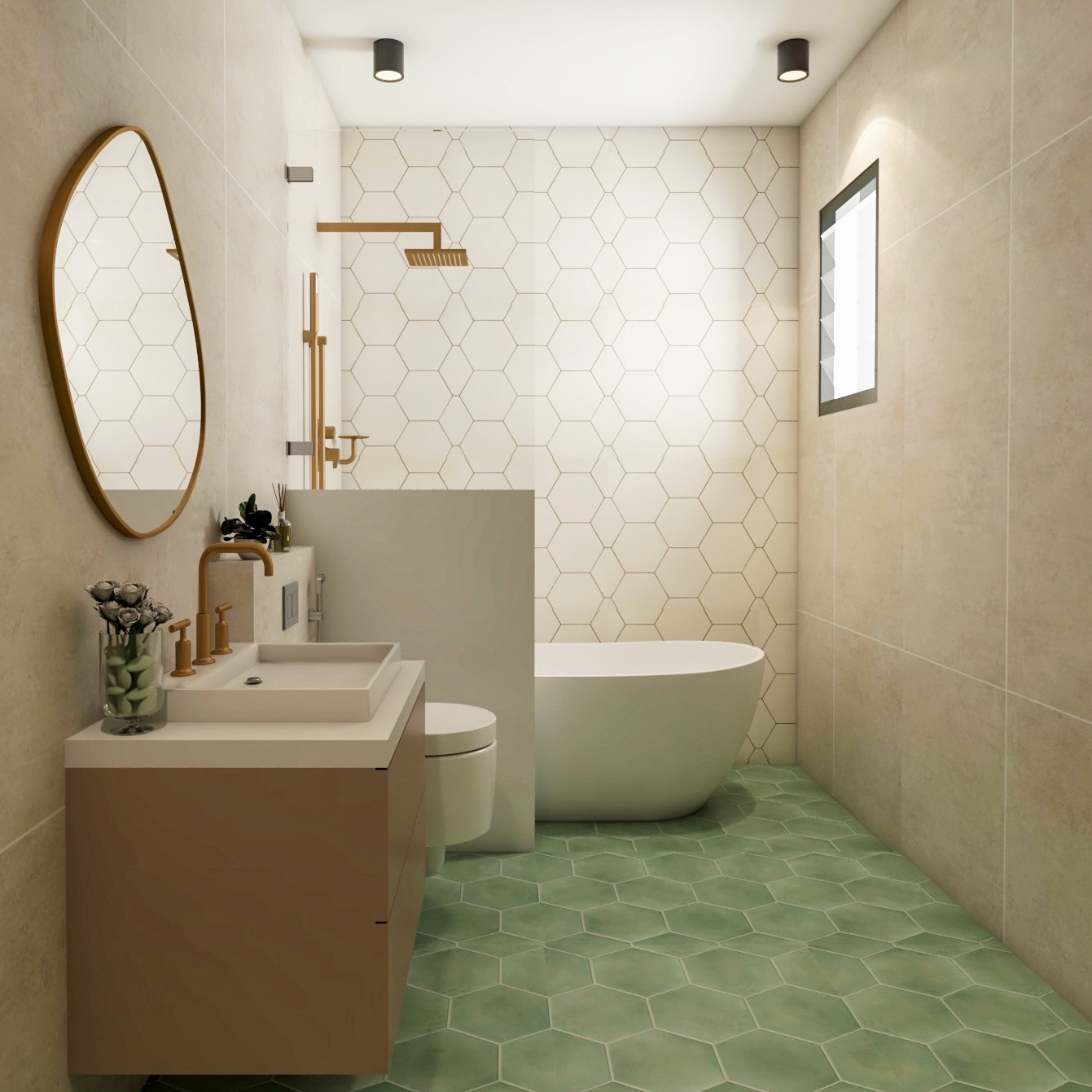 Green And White Small Bathroom Design With Hexagonal Tiles And Bathtub | Livspace