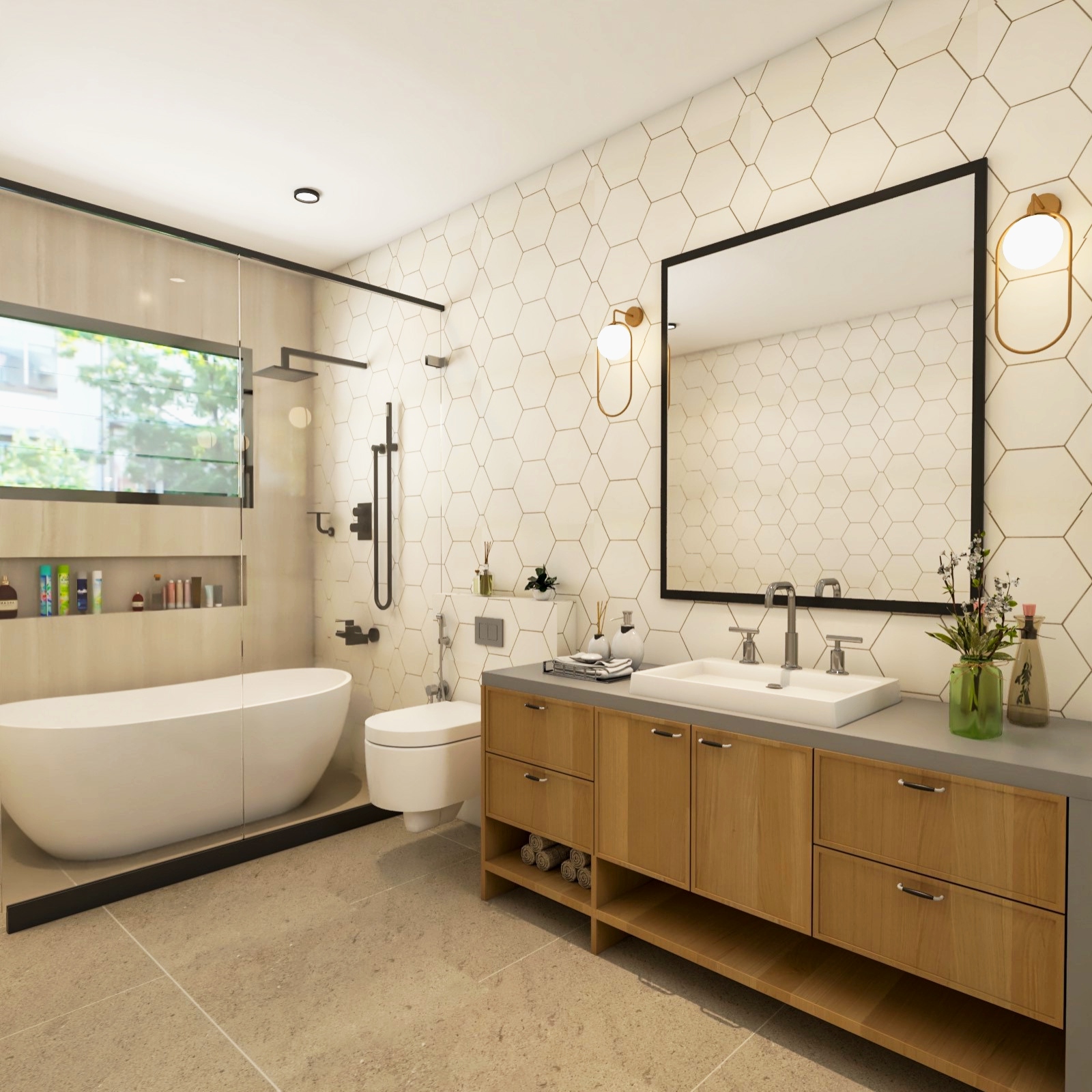 Small Bathroom Design With Off-White Hexagonal Wall Tiles | Livspace