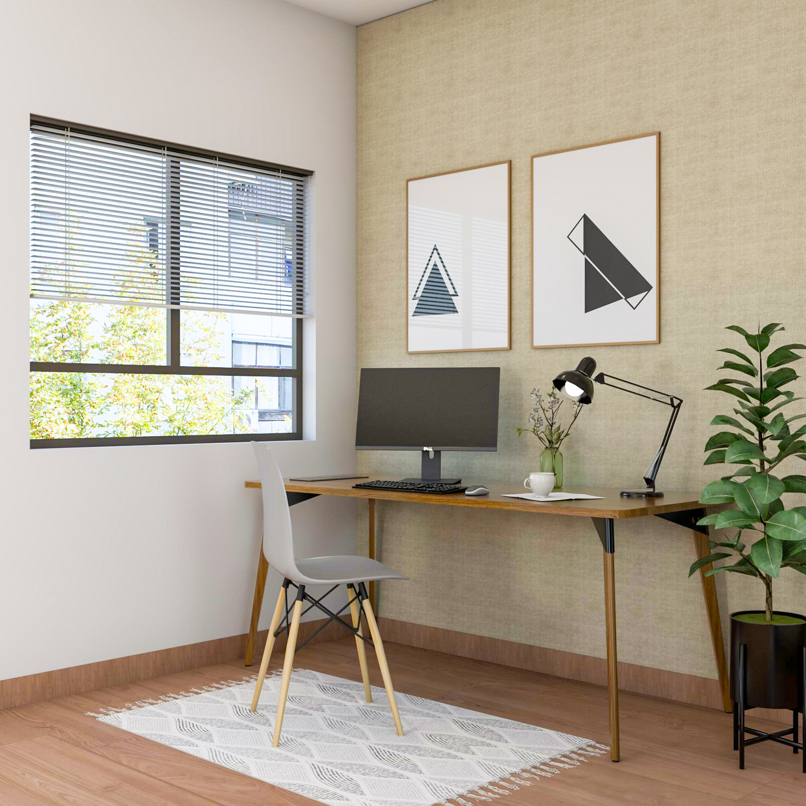 Home Office Design With Beige Textured Wallpaper | Livspace