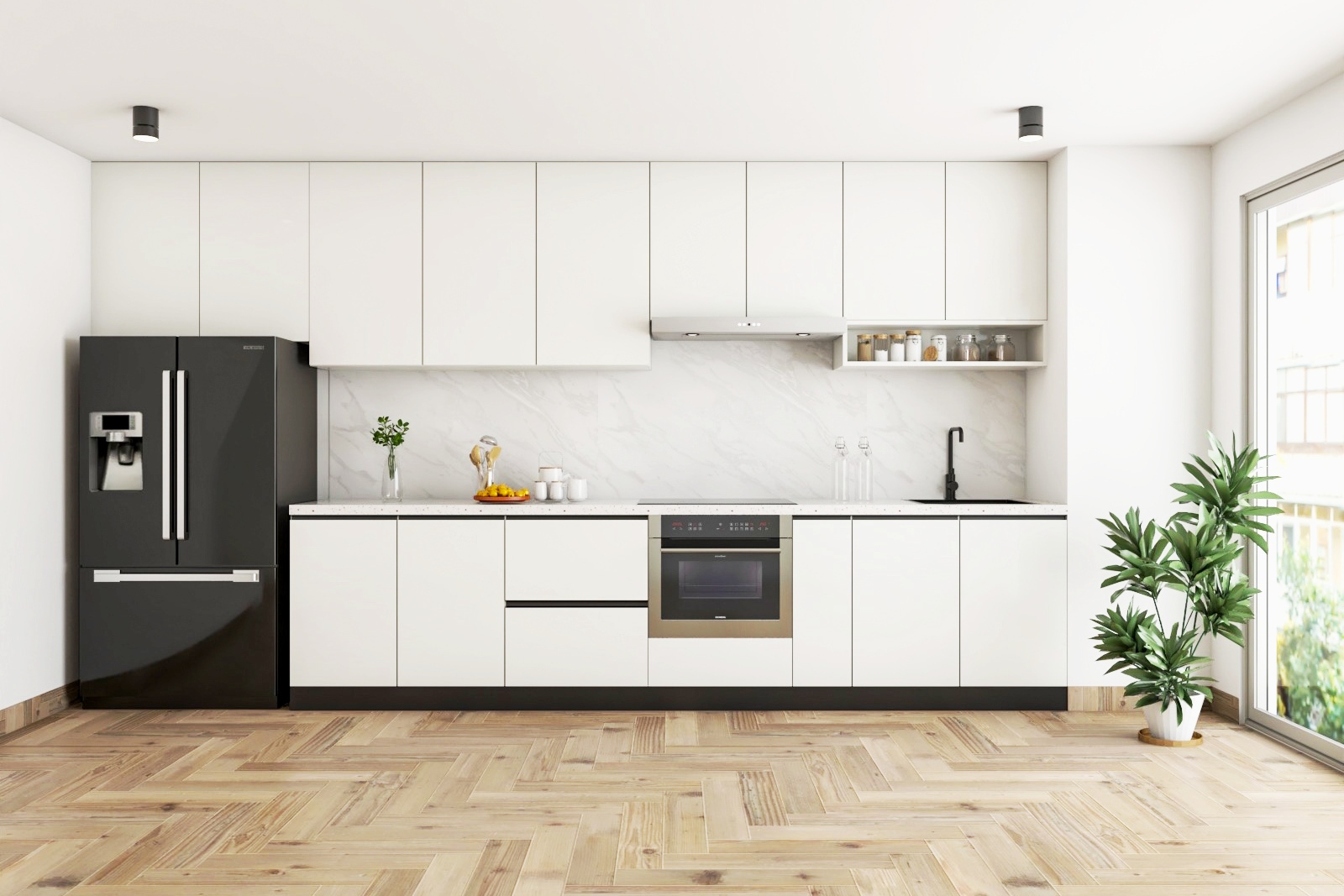 White Straight Kitchen Design With Finger Groove Handles | Livspace