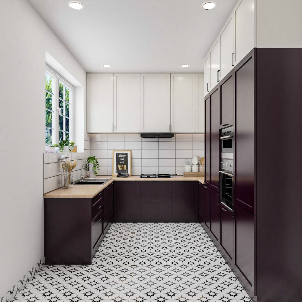 U-Shaped Kitchen Design In Dark Purple And White | Livspace