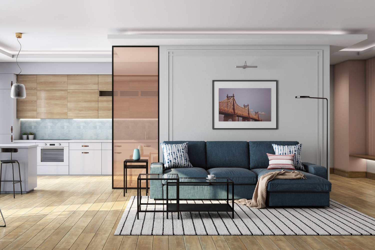 White Modern Peripheral Living Room Ceiling Design | Livspace