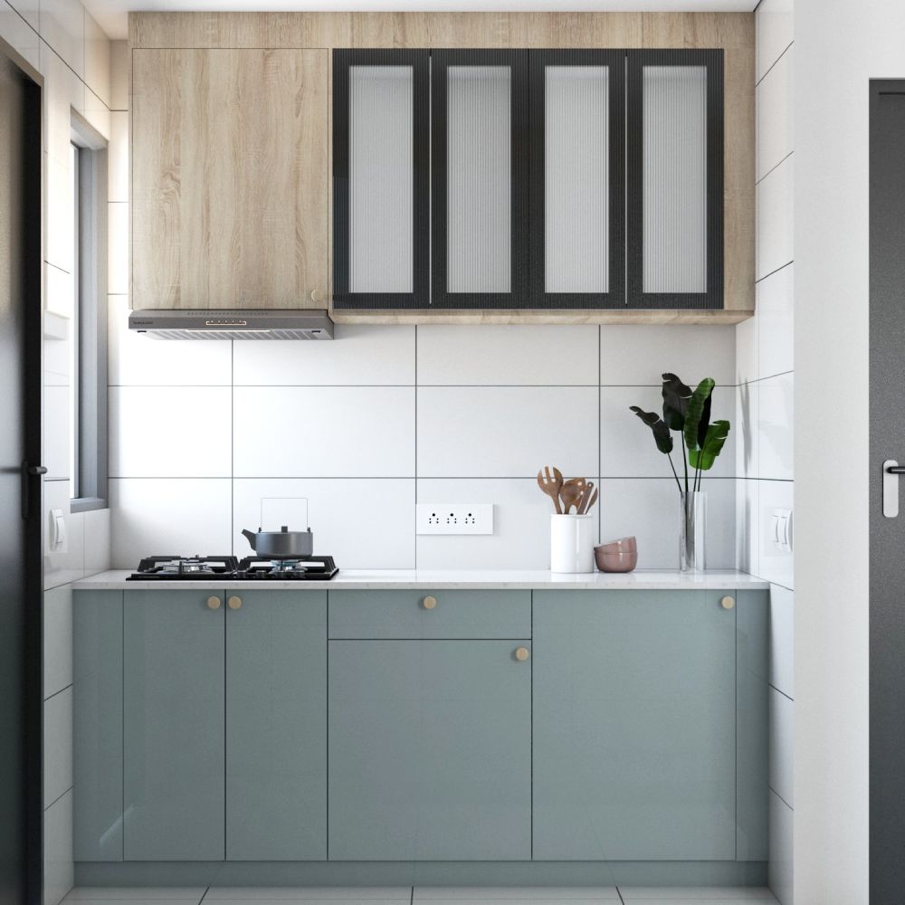 Compact Light Blue And Wood Parallel Kitchen Design | Livspace