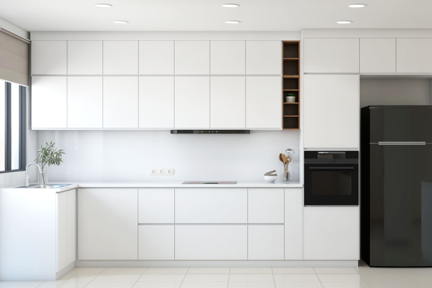 Spacious L-Shaped All White Modular Kitchen Design | Livspace