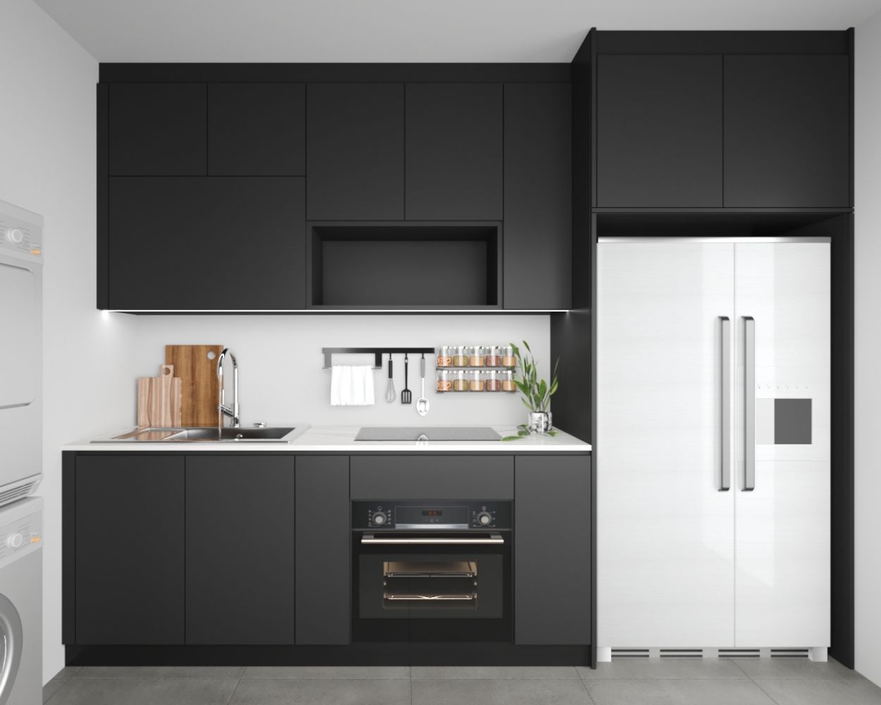 Modular Modern Black Straight Kitchen Design | Livspace