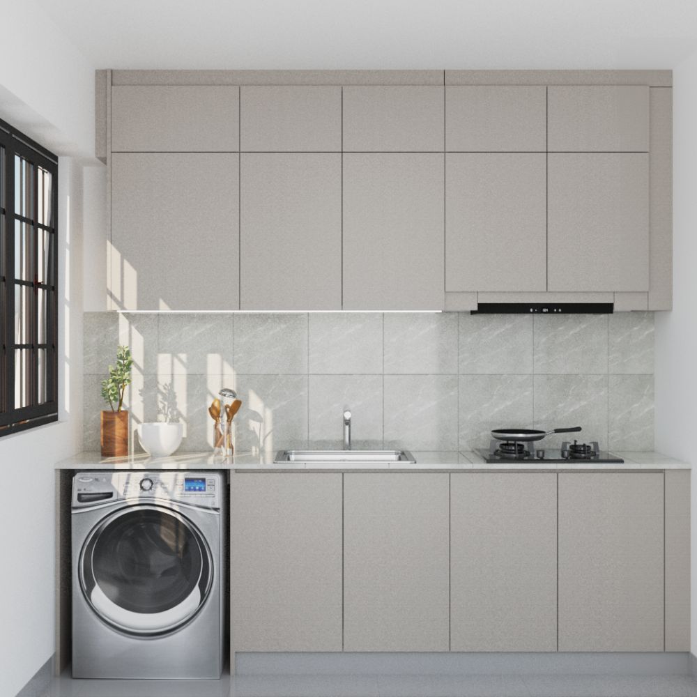 Compact Grey Minimal Straight Kitchen Design With White Countertop ...