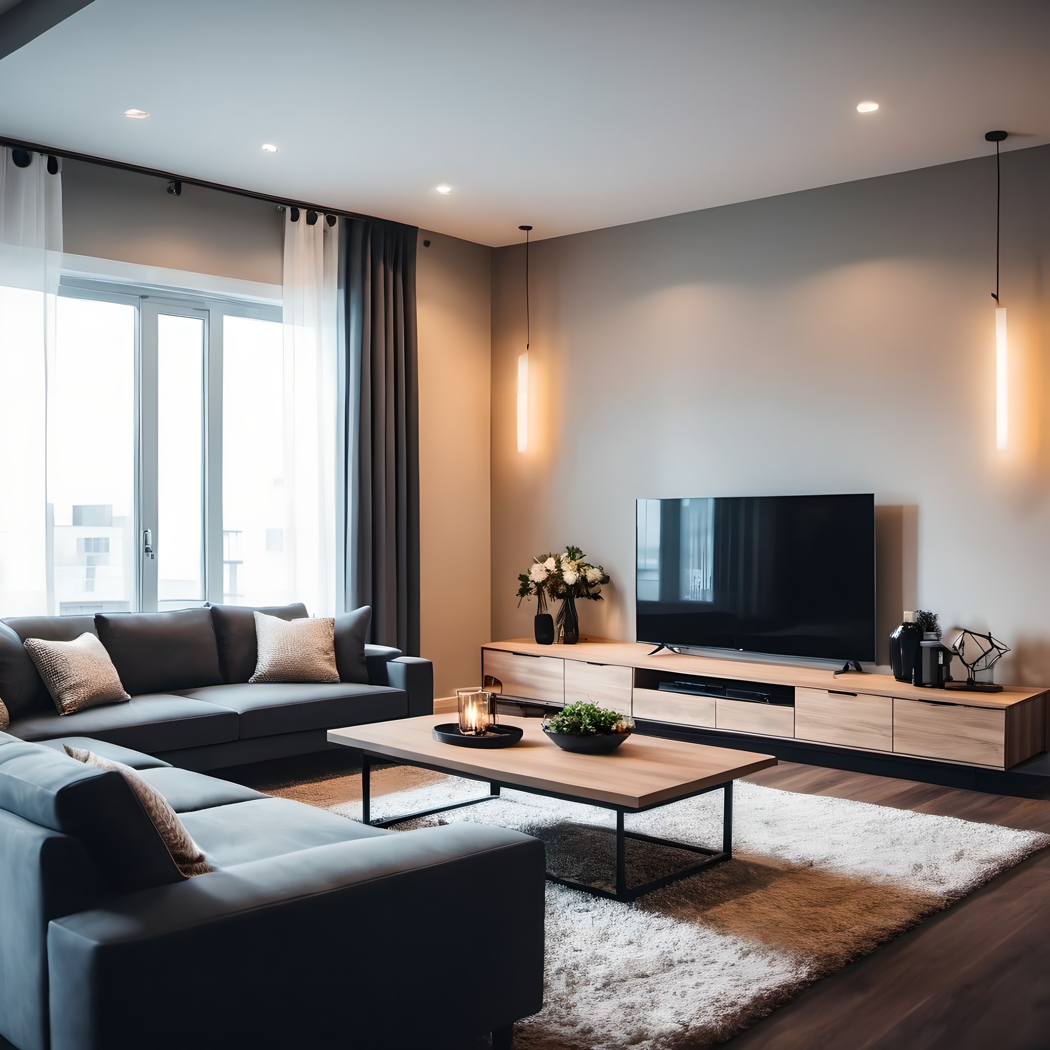 Modern Living Space With L-Shaped Sofa and Rectangle Wooden Center ...