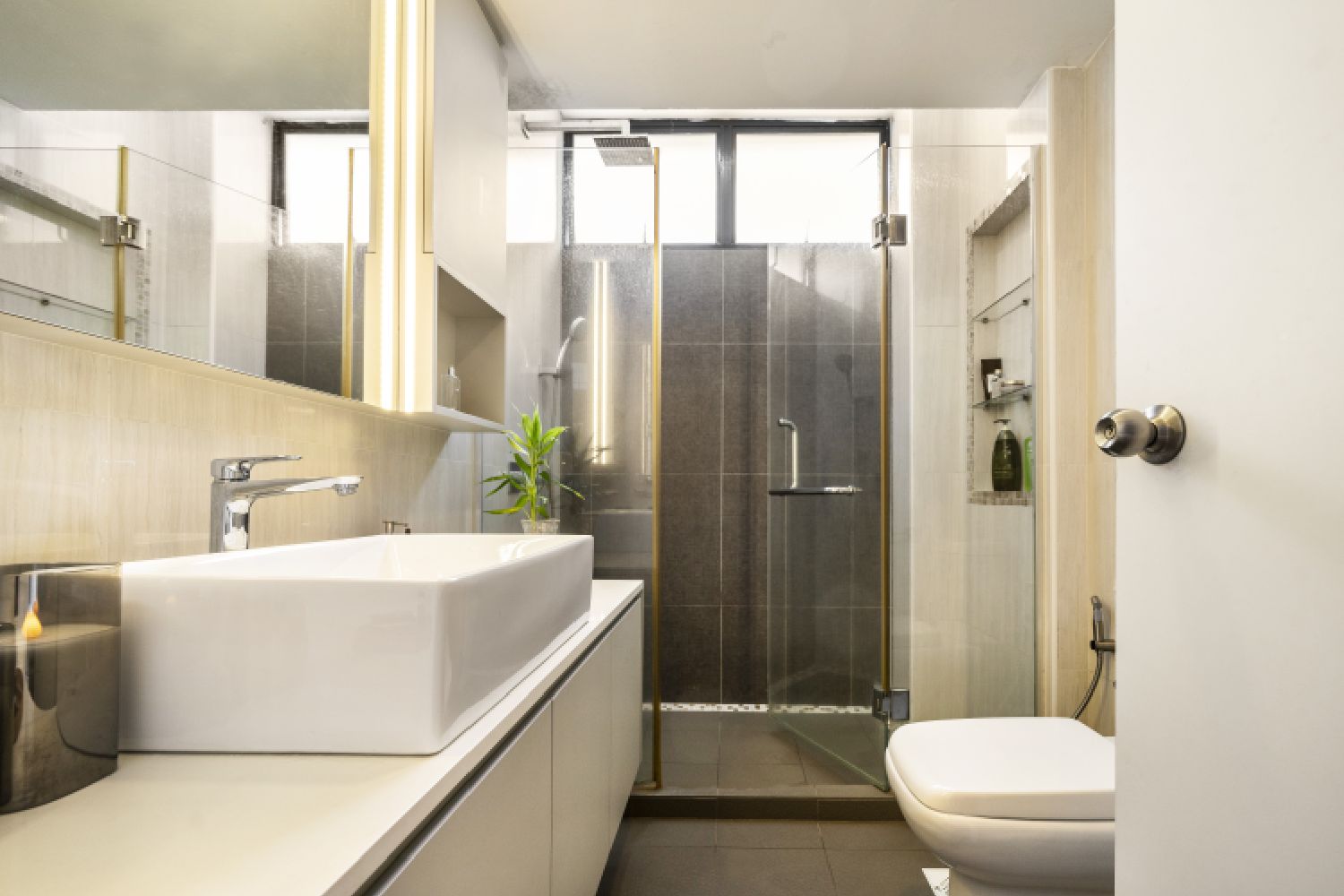 Compact Dark Grey And Beige Bathroom Design With White Vanity Unit | Livspace