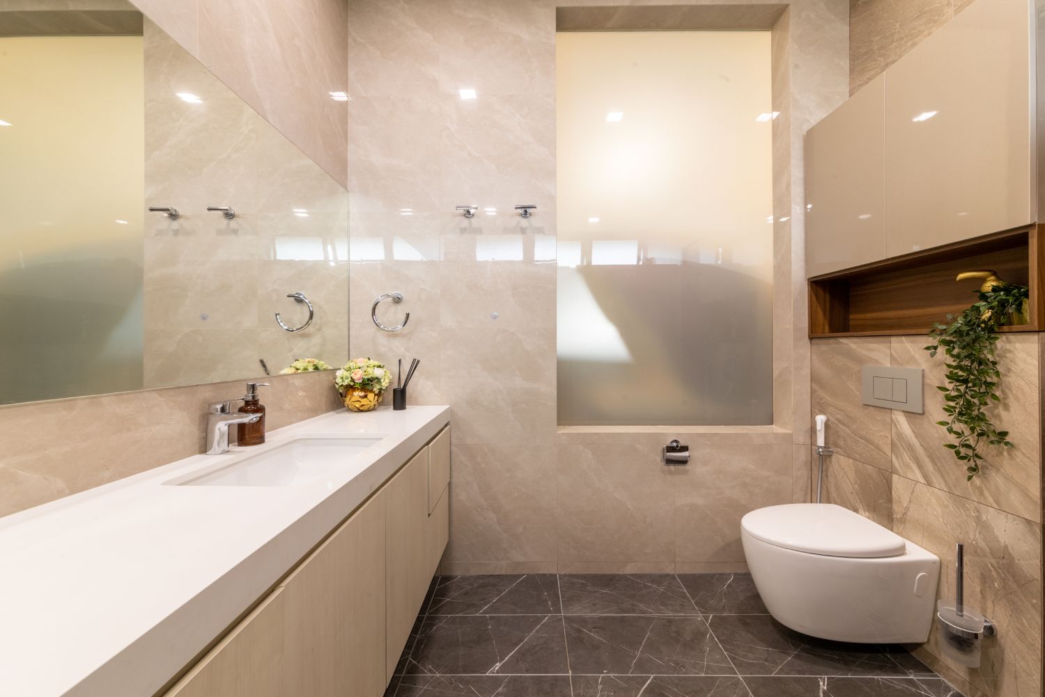 Glossy Beige Bathroom Tile Design With Marble | Livspace