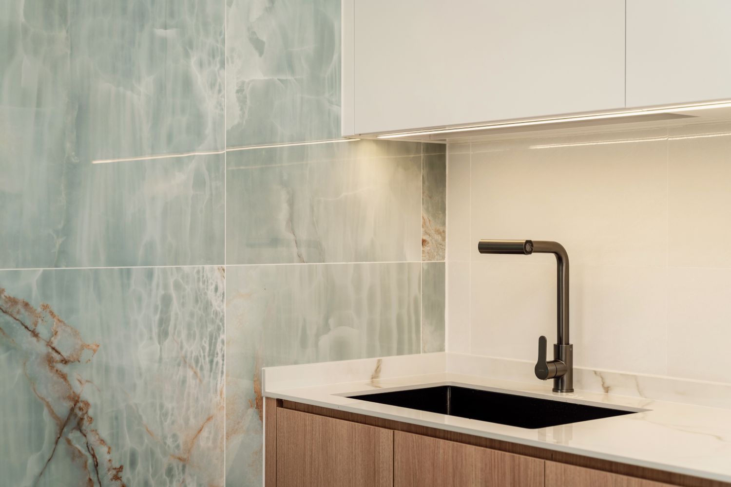 Rectangle Glossy Kitchen Tile Design In Grey And Brown | Livspace