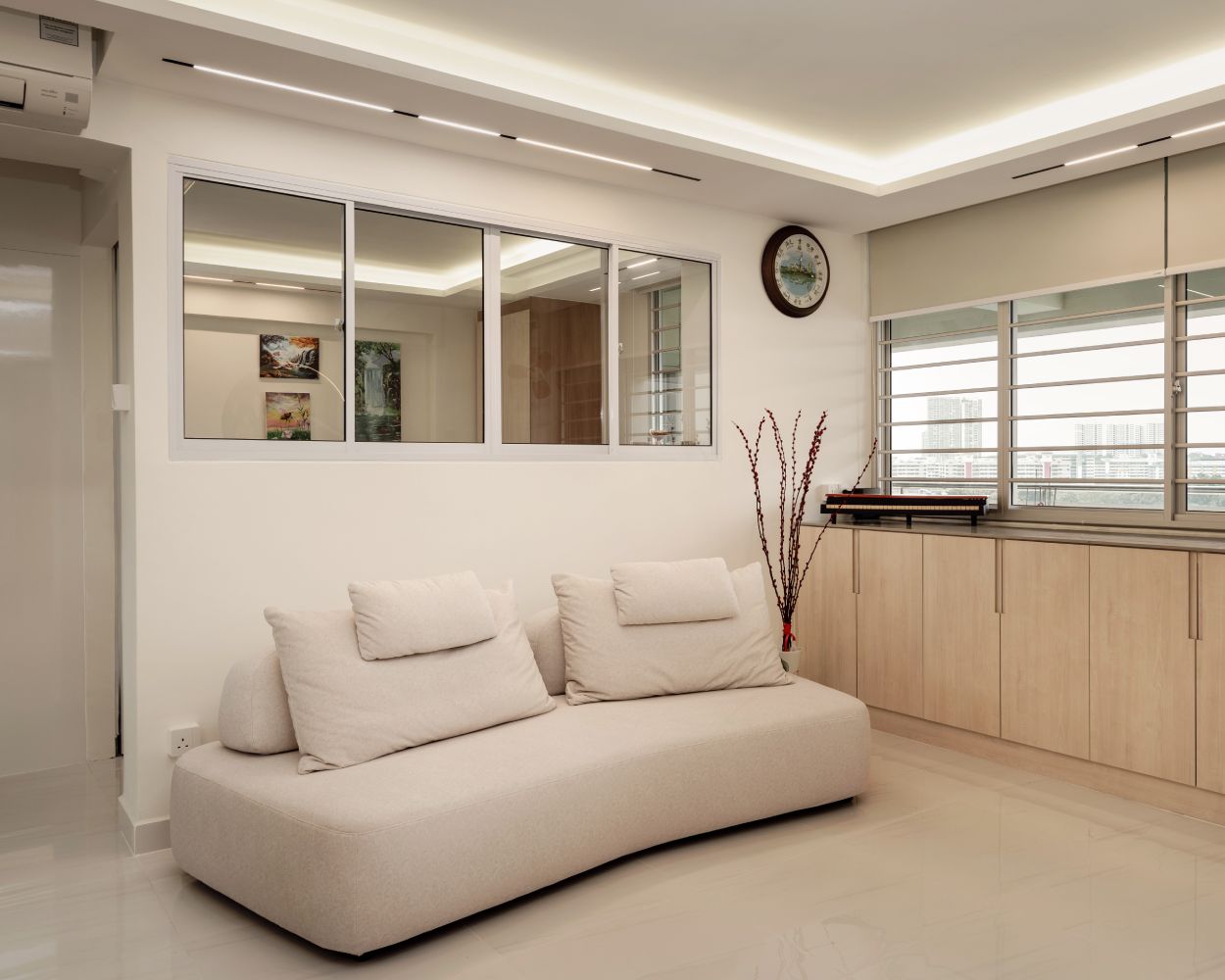 "Light & Airy Minimal Living Room Design: Storage Unit and Off-White ...