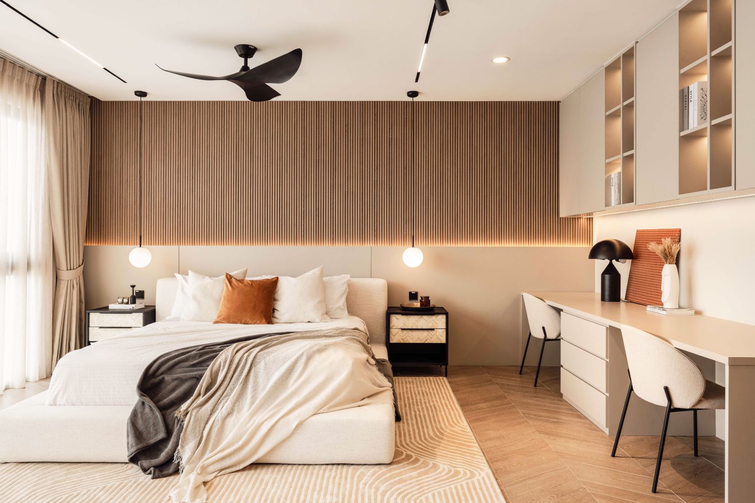 Brown And Beige Wall Design With Wooden Fluted Panelling | Livspace