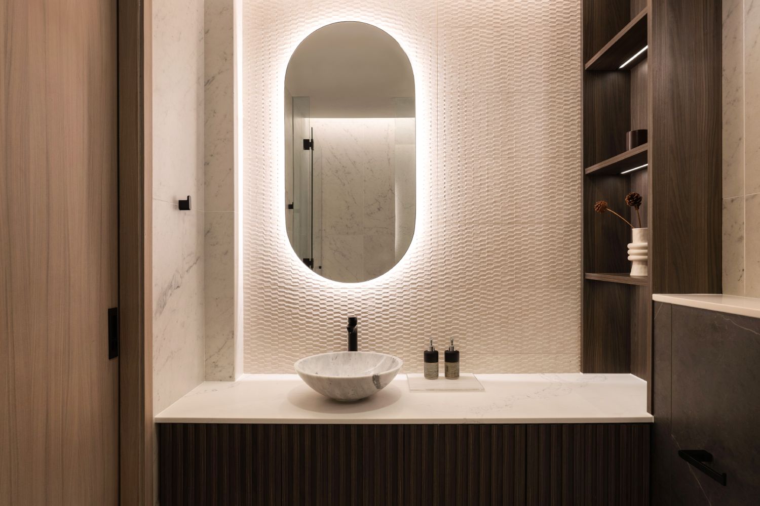 Beige 3D Texture Tile Design For Bathrooms | Livspace