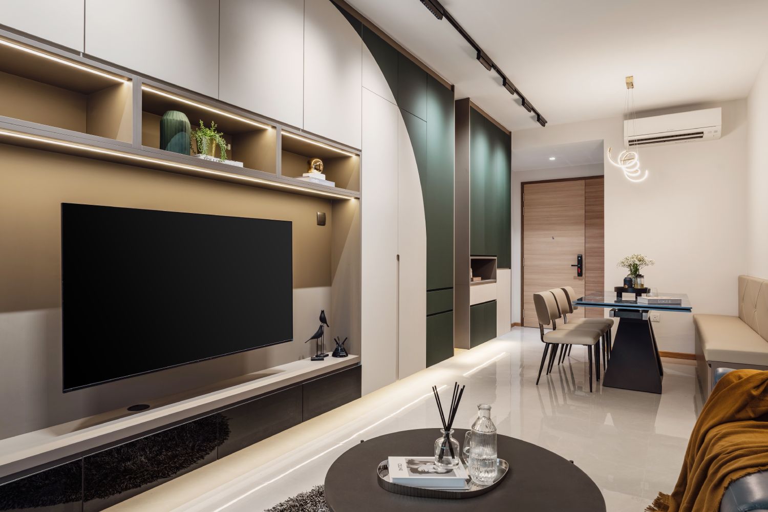 Spacious TV unit design with tri coloured paneling and swing wardrobe ...