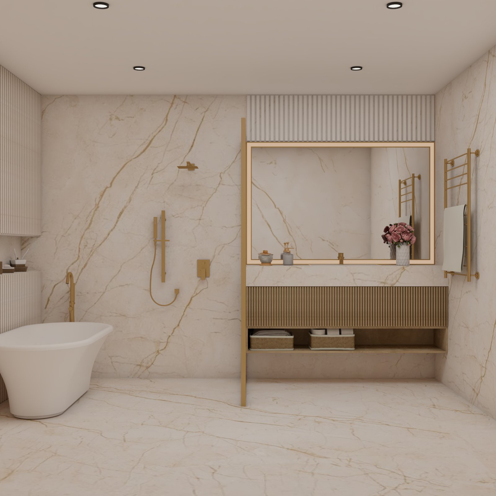 Discover Modern Elegance with Beige Bathroom Design and Fluted Vanity Unit | Livspace