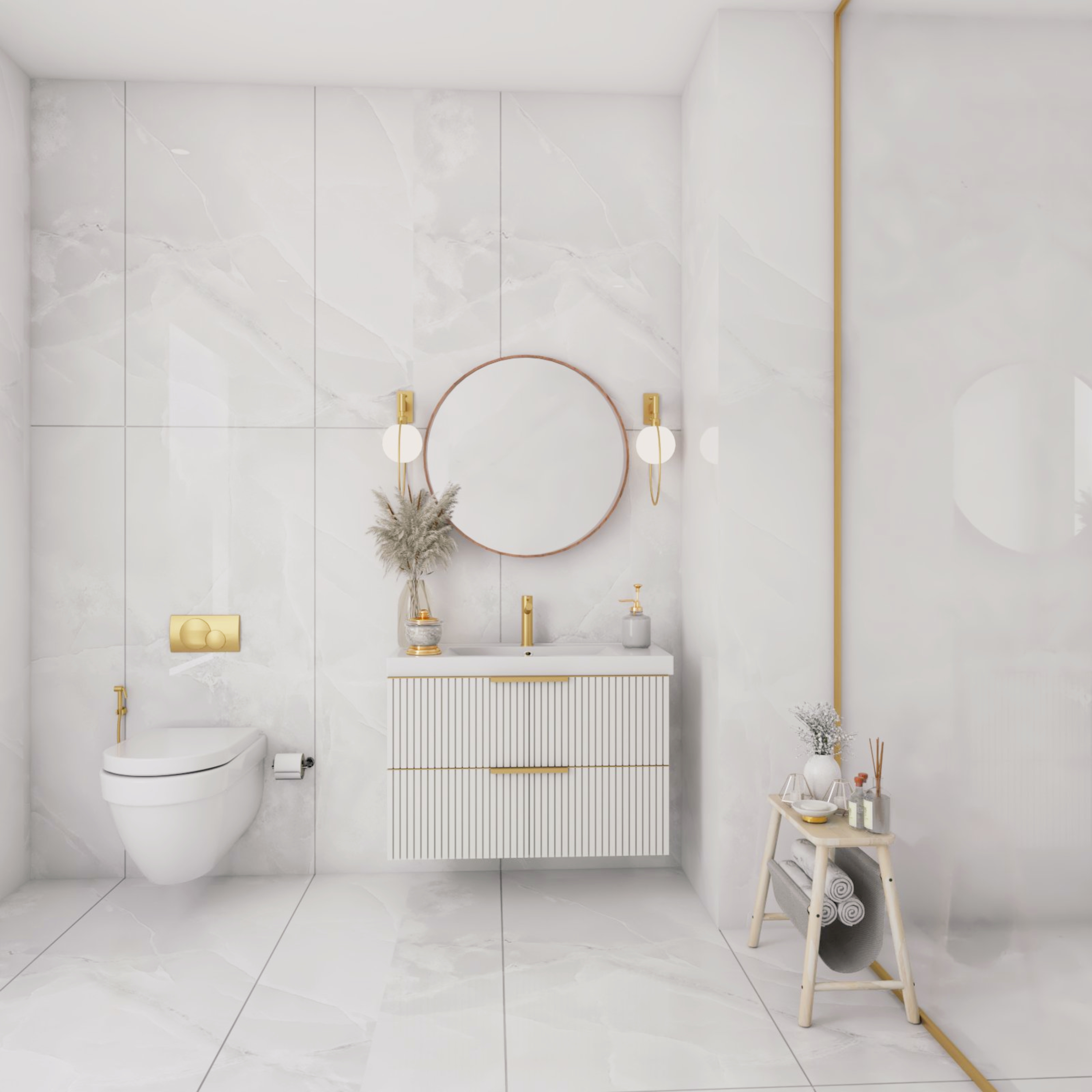 Spacious White Design and Gold-framed Glass Partition | Livspace
